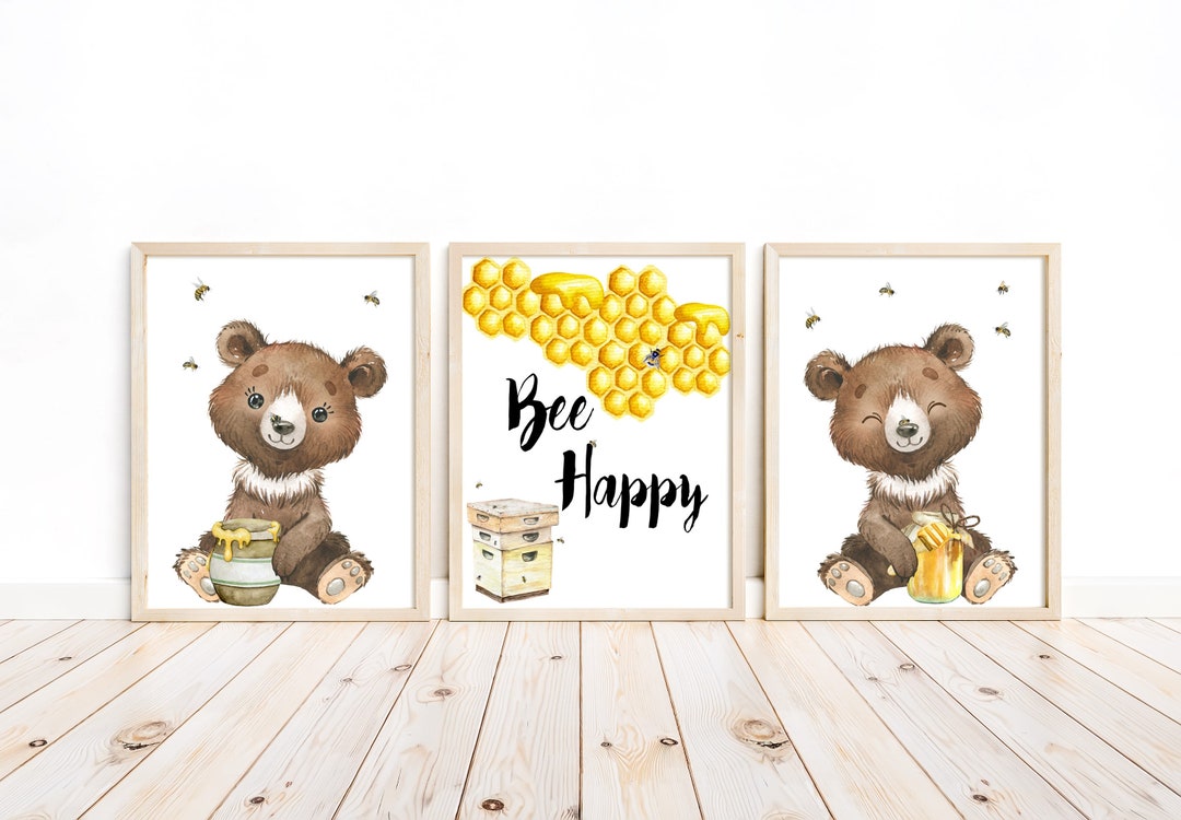 Bee Happy Honey Bear Bee Gender Neutral Nursery Decor Set of 3 Unframed ...