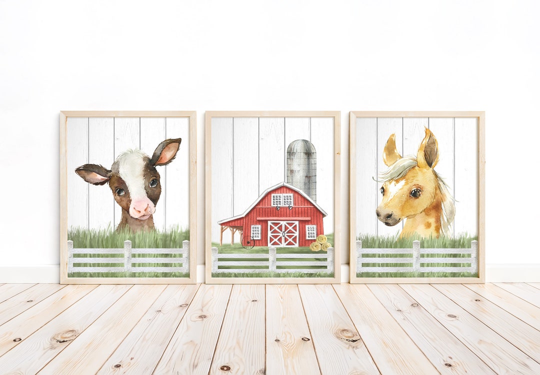 Cow Horse Barnyard Watercolor Farm Animal Watercolor Rustic Shiplap ...