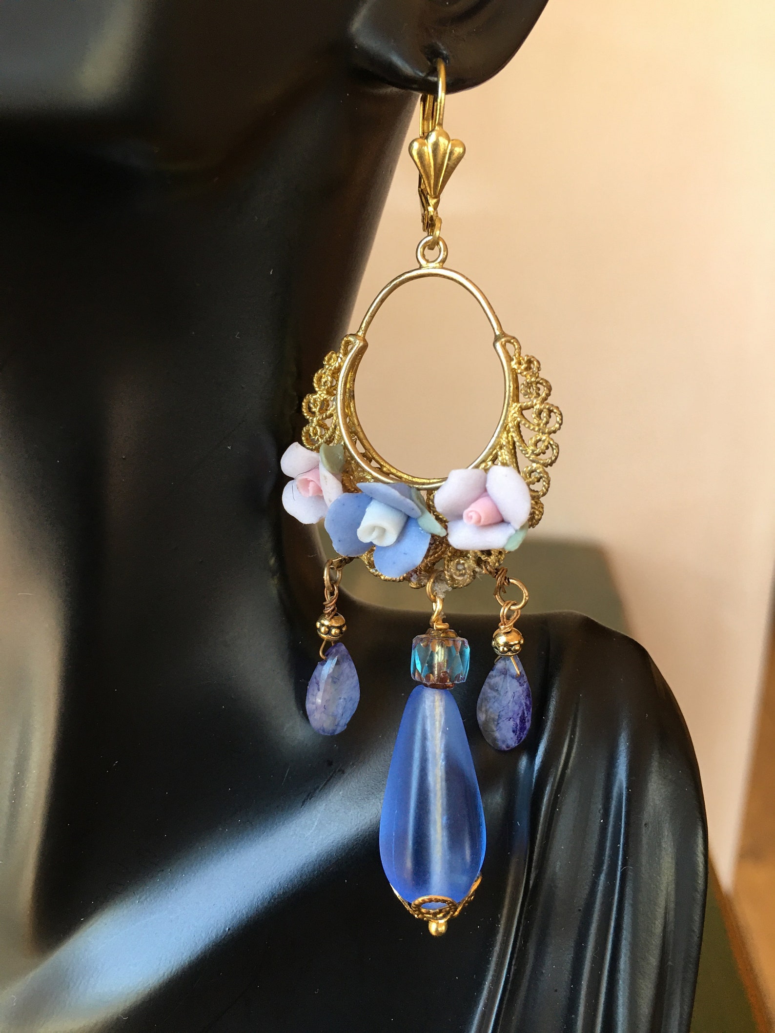 Blue/pink Ceramic Flower With Blue Glass and Moonstone Pendant Earrings ...