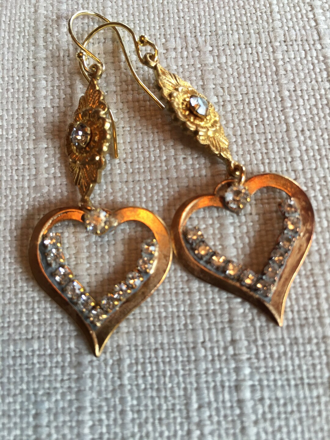 Vintage Rhinestone Heart Earrings - Etsy