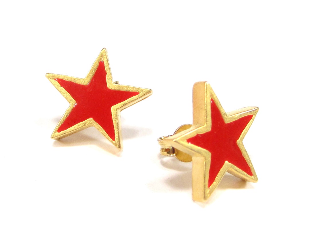 Vintage Ear Studs Red Star Gold Resin Red Retro Enamel - Etsy