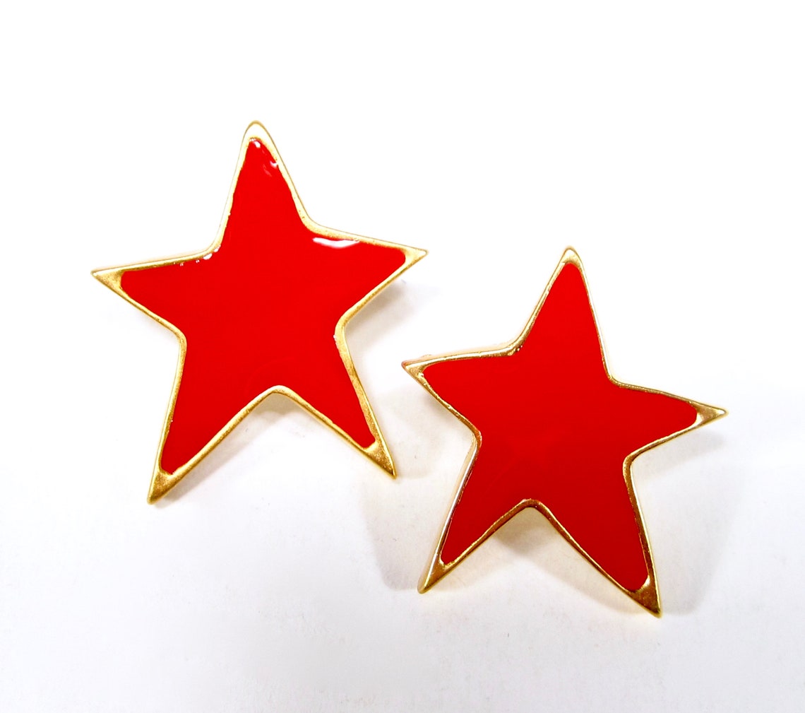 Red Star Vintage Ear Studs Gold Resin Red Retro Enamel 1990s - Etsy