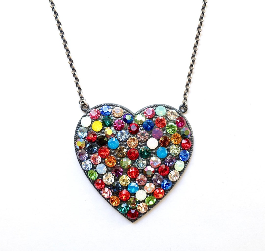 Colorful Large Heart Chain Giant Chain Necklace Heart Rhinestone Heart ...