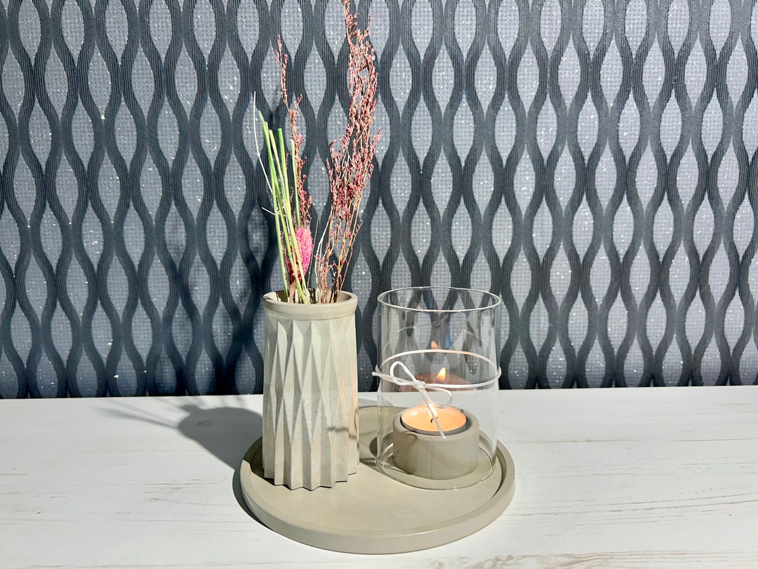 Concrete Cement Tablet Bowl Round Decorative Plate Vase Tealight Glass ...