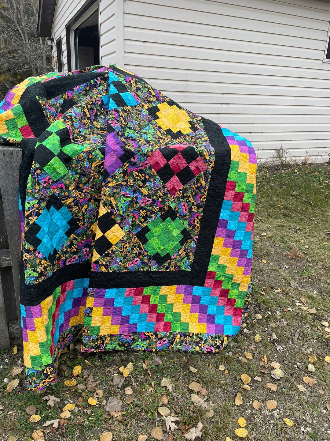 Mardi Gras Handmade Carnival Quilt - Bright Rainbow Patchwork Blanket ...