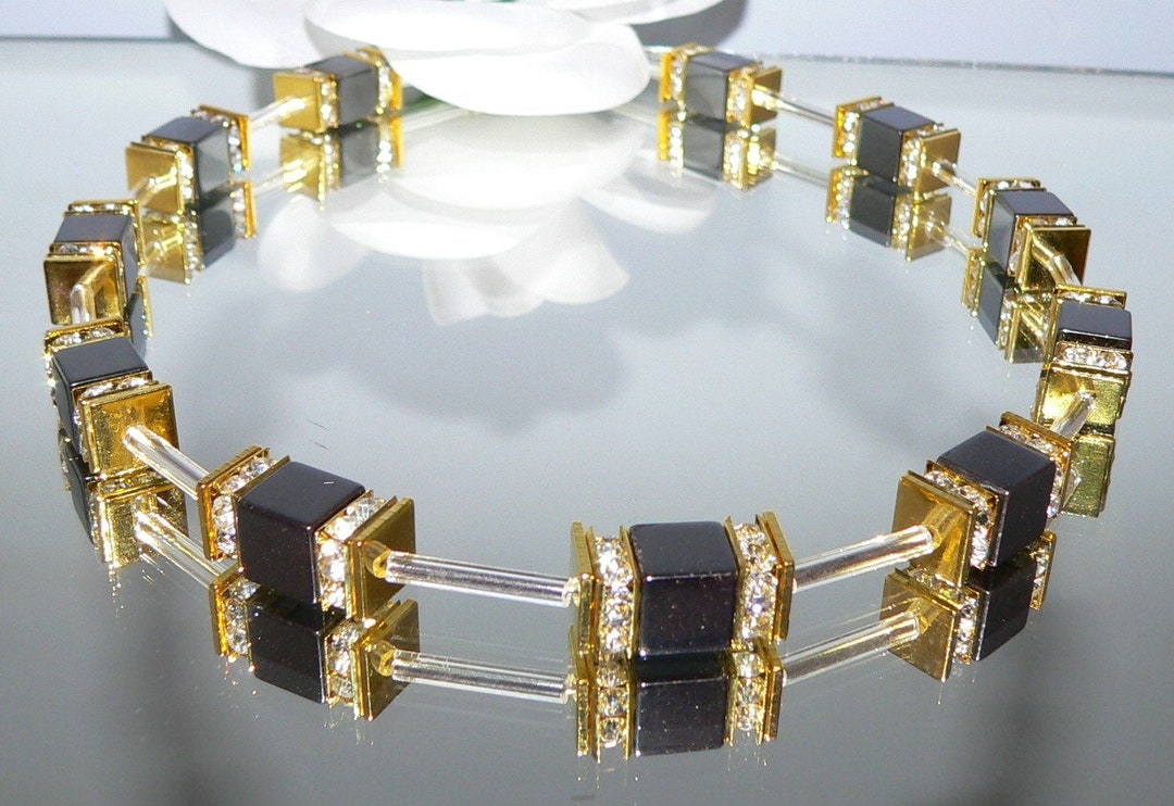 Necklace, Cube Chain, Chain, Hematite Cube, Rhinestones, Glass Bugle ...