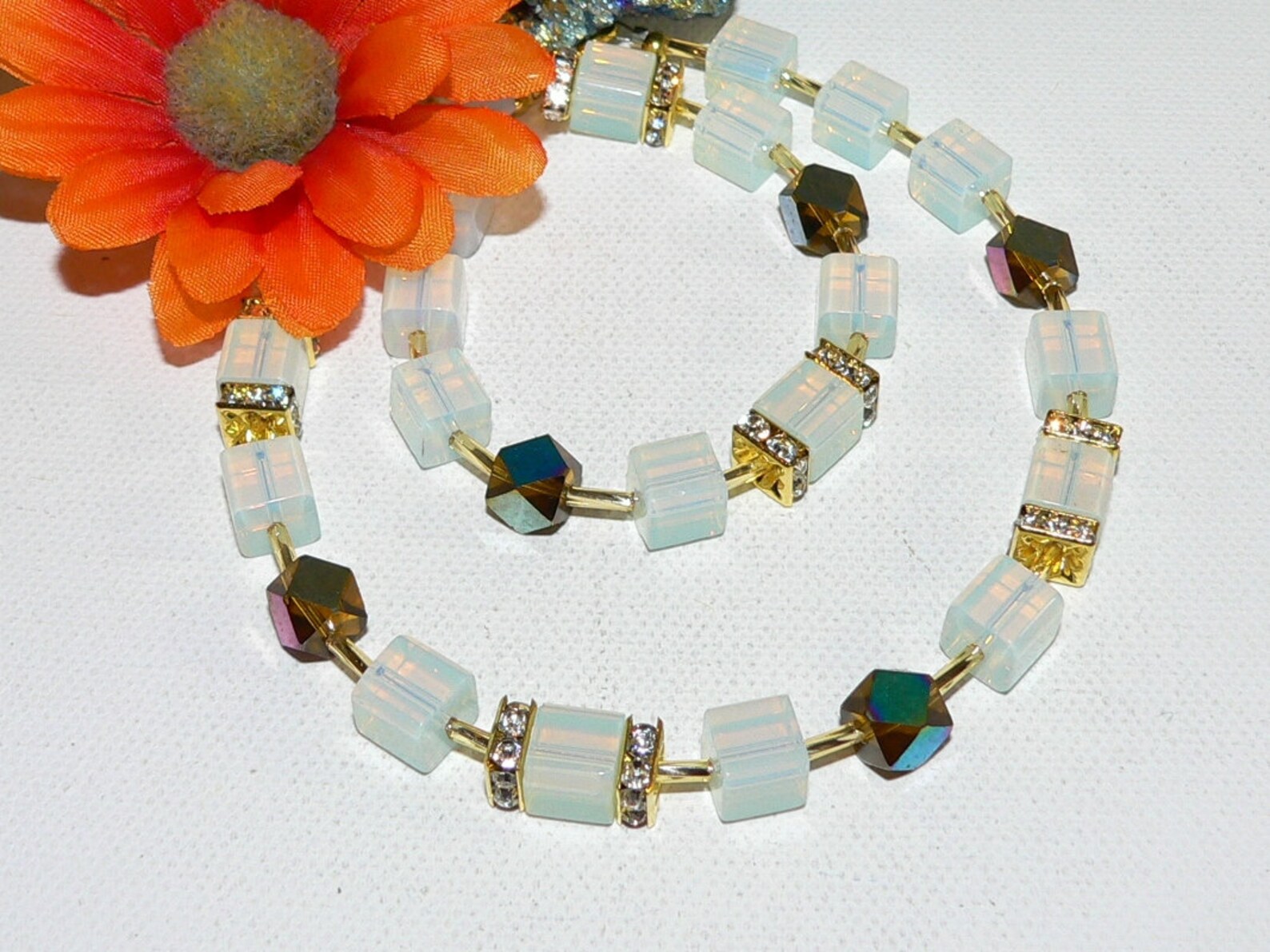Chain, Necklace, Cube Chain, Cube, Cube, Glass, Opalite, Rhinestones ...