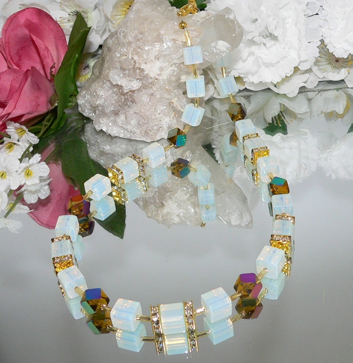 Chain, Necklace, Cube Chain, Cube, Cube, Glass, Opalite, Rhinestones ...