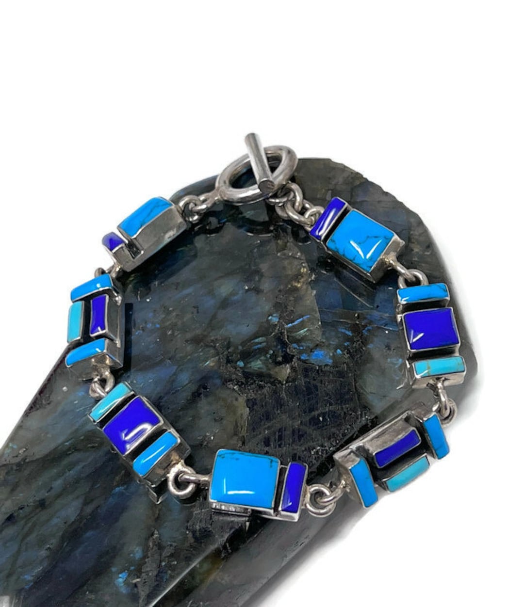 Vintage Turquoise Lapis Lazuli Mosaic Geometric Inlay Gemstone Sterling ...