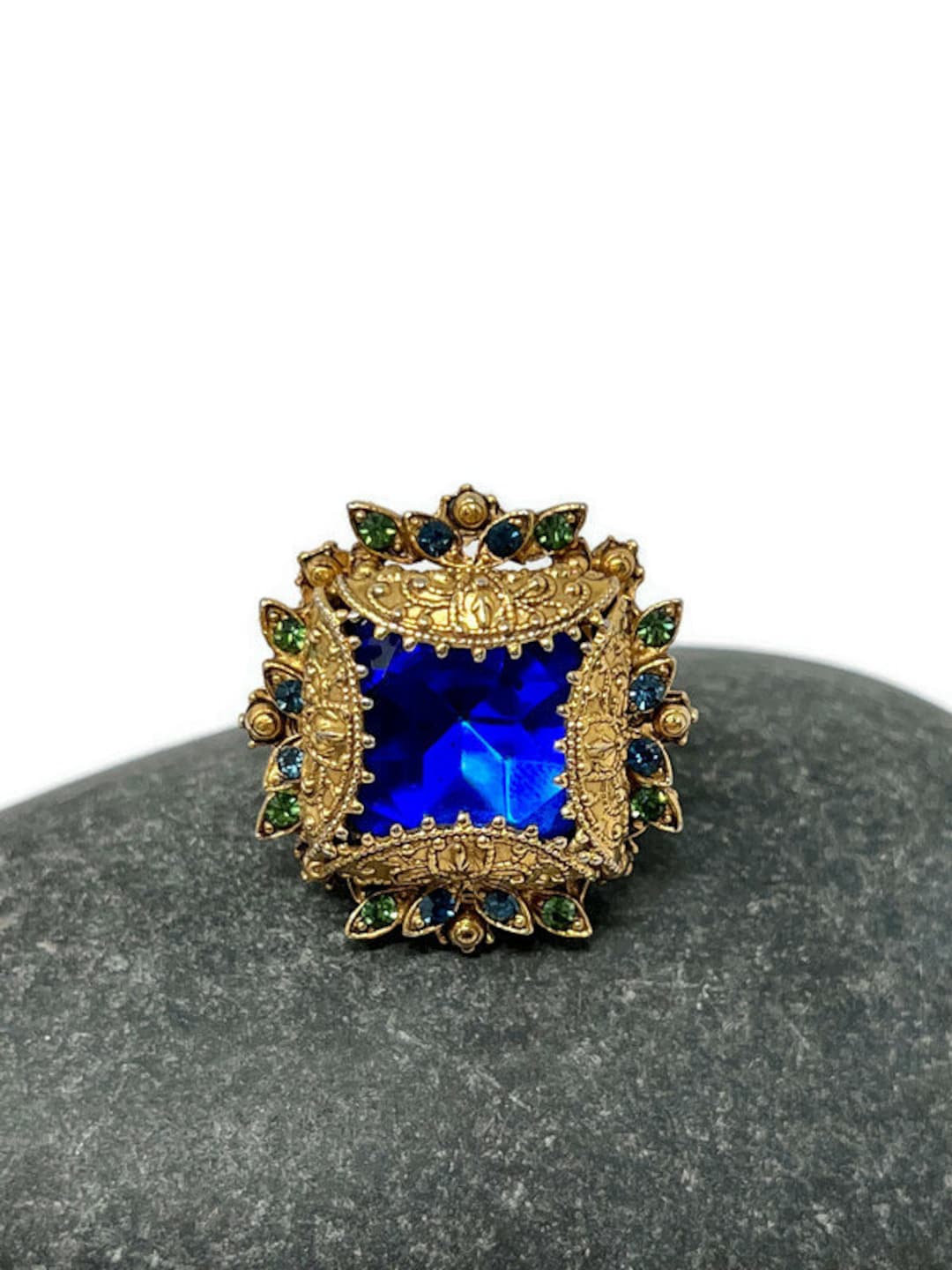 Florenza Sapphire Blue Rhinestone Ornate Adjustable Cocktail Ring ...