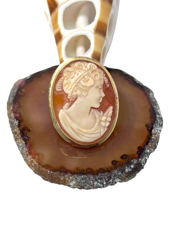 Vintage 14K Solid Yellow Gold Shell Cameo Cameo Brooc… - Gem