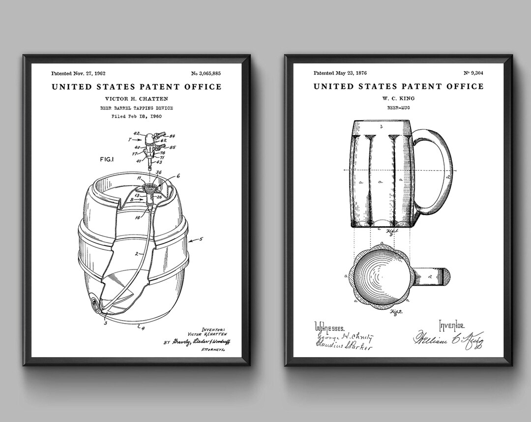 Beer Mug, Keg Patent Wall Art Set, Vintage Brewery Poster, Pub Decor ...