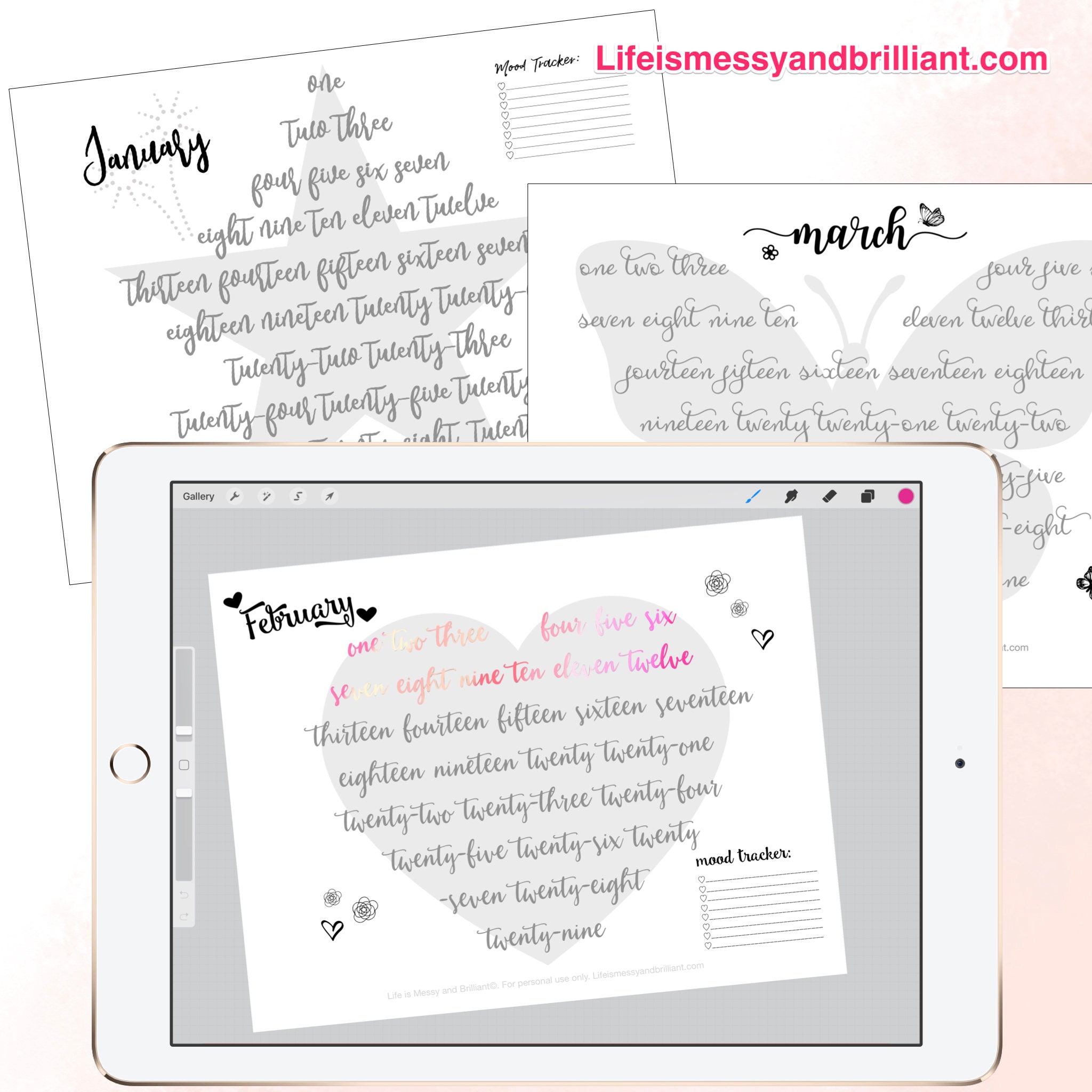 12 Mood Tracker Hand Lettering Practice Sheets - iPad Lettering, Hand ...