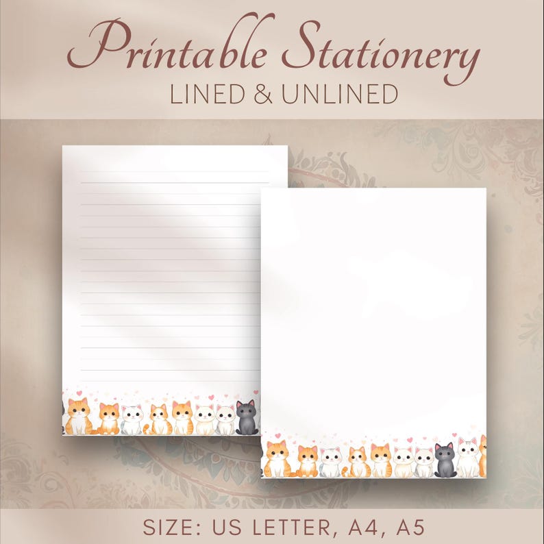 Printable Stationery, Kawaii Cats, Lined and Unlined Paper, PDF Digital ...