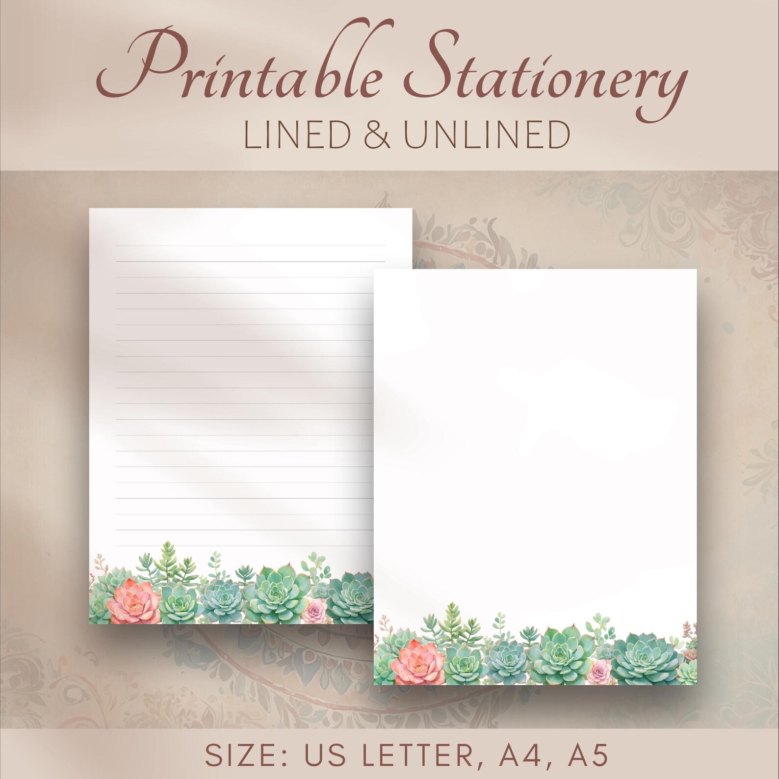 Succulents, Printable Stationary Lined Paper, Printable Writing Paper ...