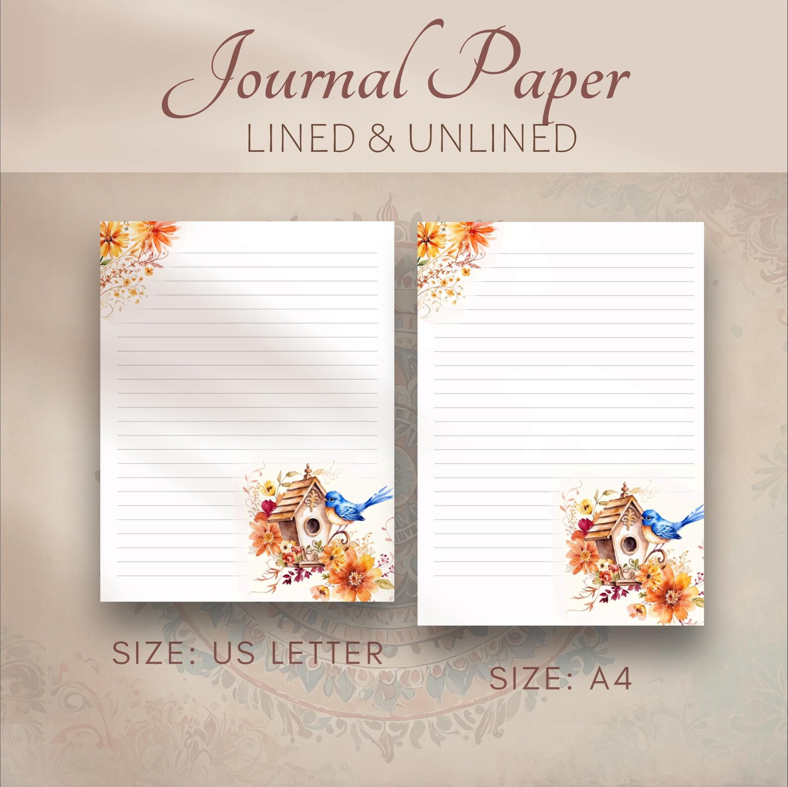 Printable Writing Paper, Watercolor Fall Birds Stationery, Letter ...
