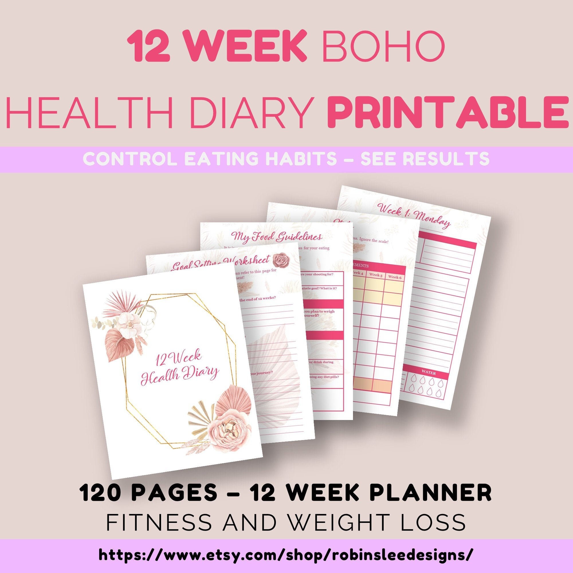 Printable Boho 12 Week Health Diary Diet Tracker Daily - Etsy