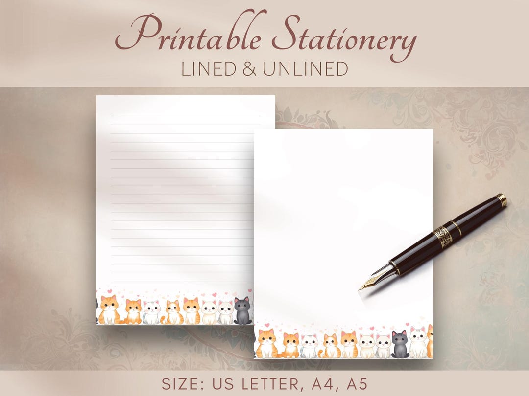 Printable Stationery, Kawaii Cats, Lined and Unlined Paper, PDF Digital ...