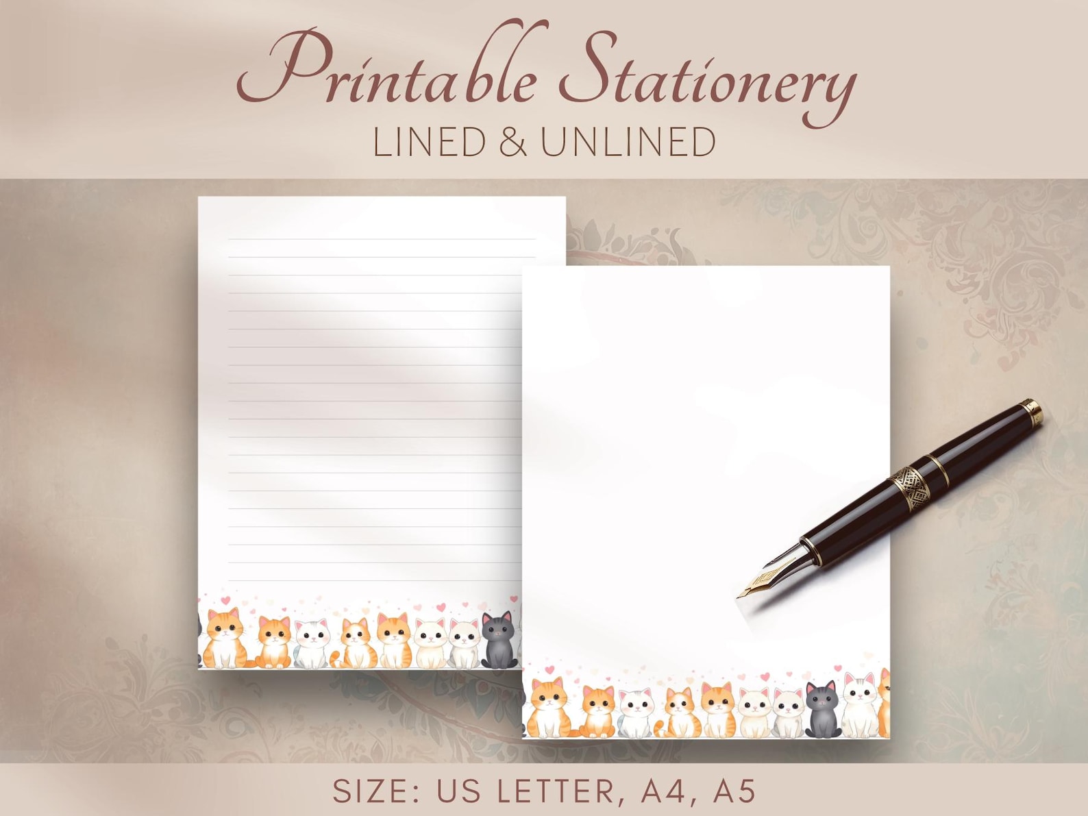 Printable Stationery, Kawaii Cats, Lined and Unlined Paper, PDF Digital ...