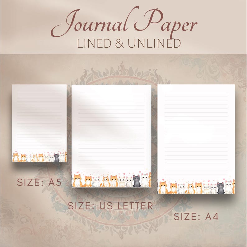 Printable Stationery, Kawaii Cats, Lined and Unlined Paper, PDF Digital ...