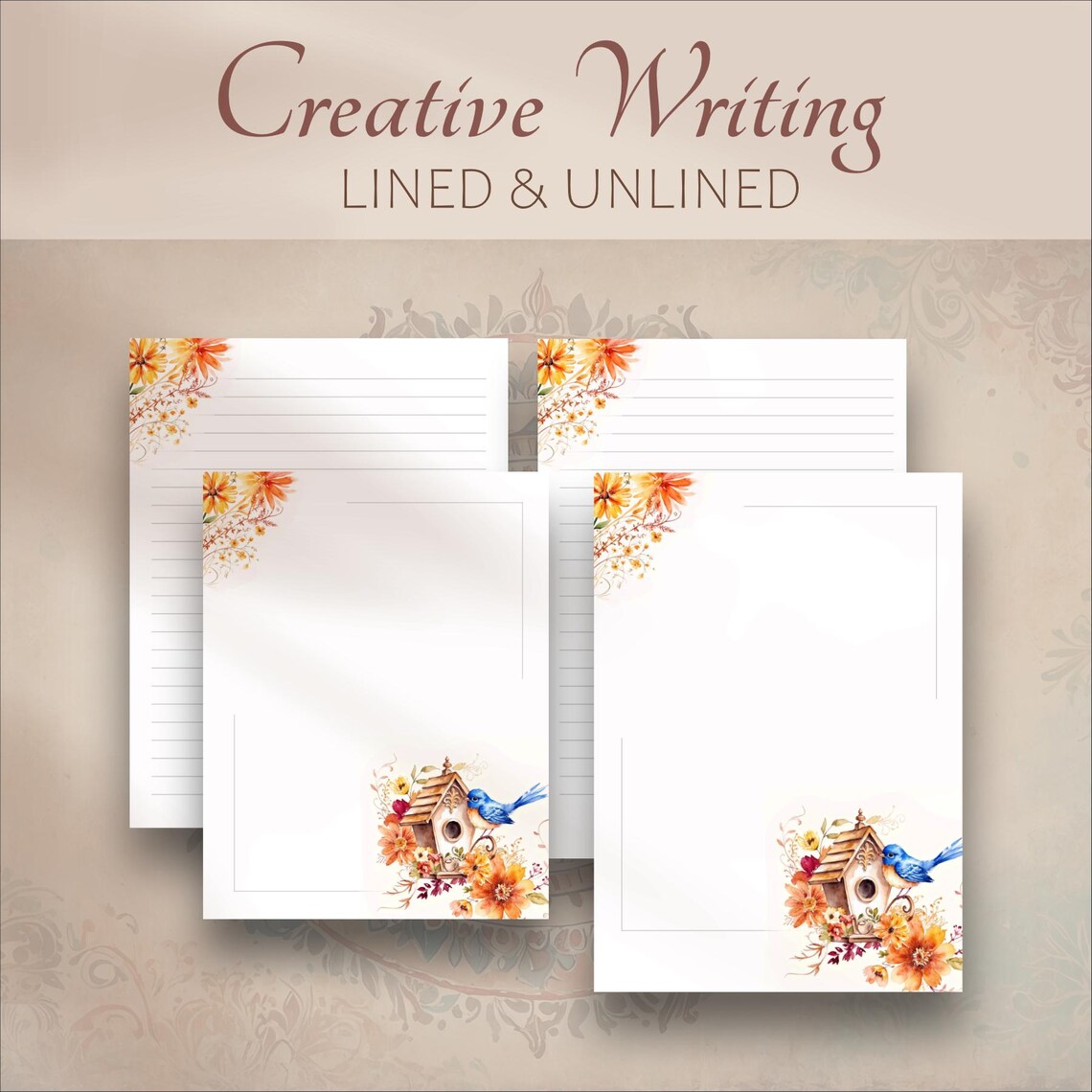 Printable Writing Paper, Watercolor Fall Birds Stationery, Letter ...