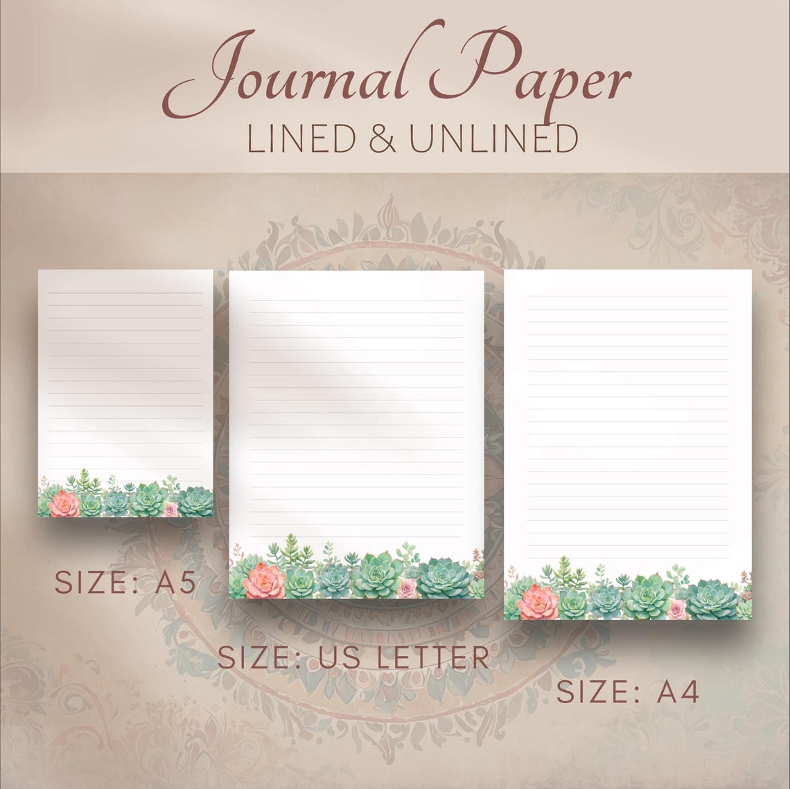 Succulents, Printable Stationary Lined Paper, Printable Writing Paper ...