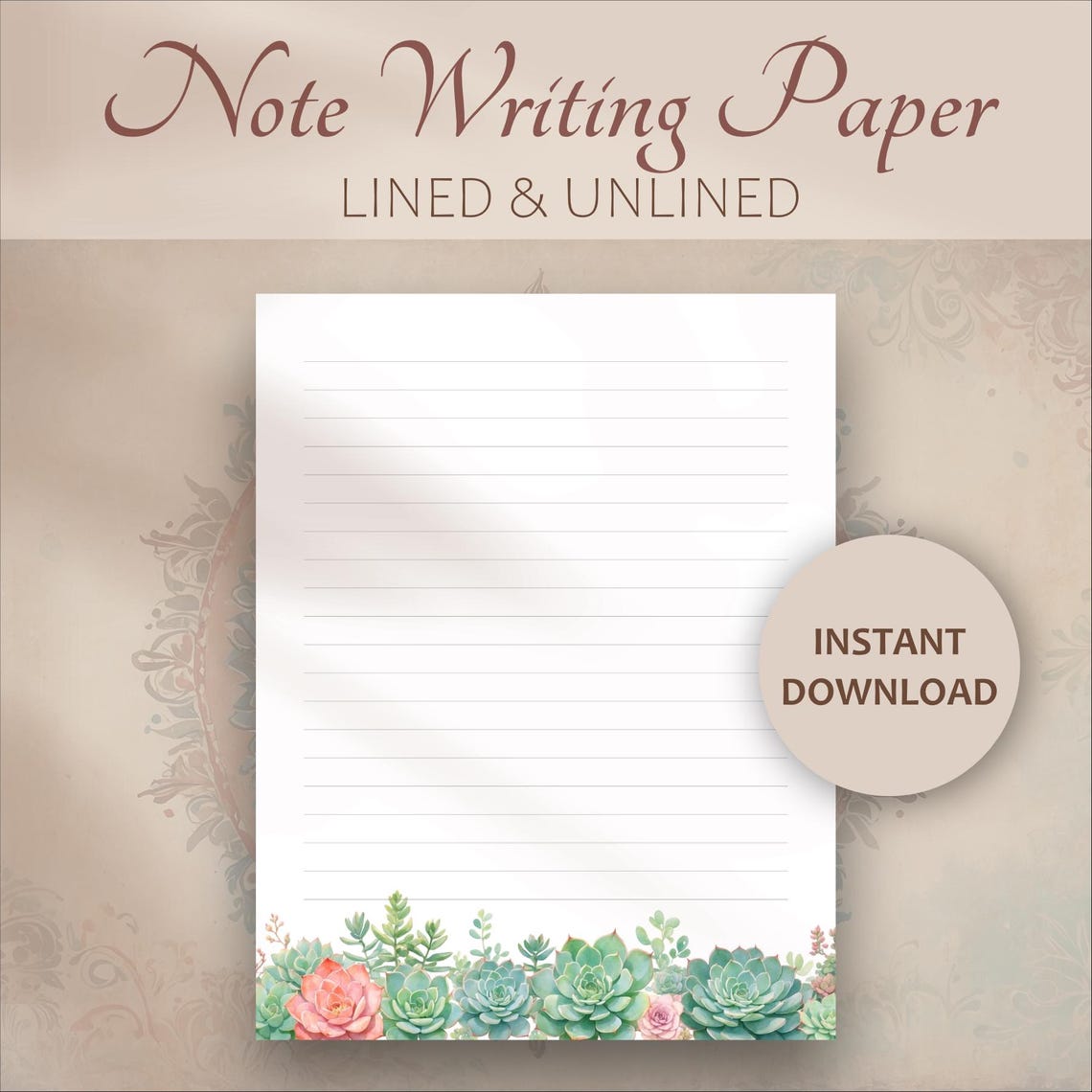 Succulents, Printable Stationary Lined Paper, Printable Writing Paper ...