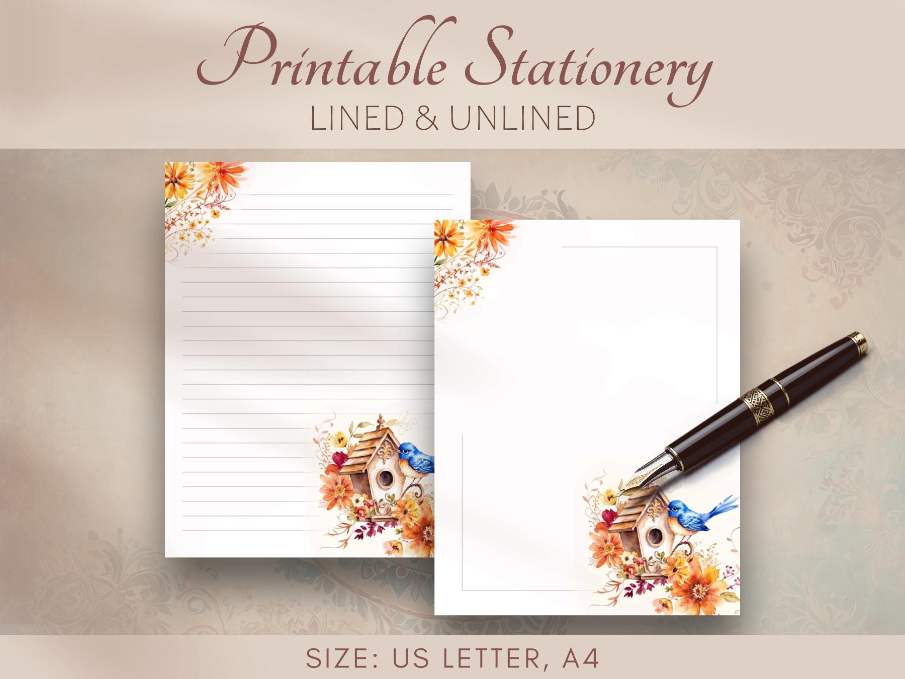 Printable Writing Paper, Watercolor Fall Birds Stationery, Letter ...