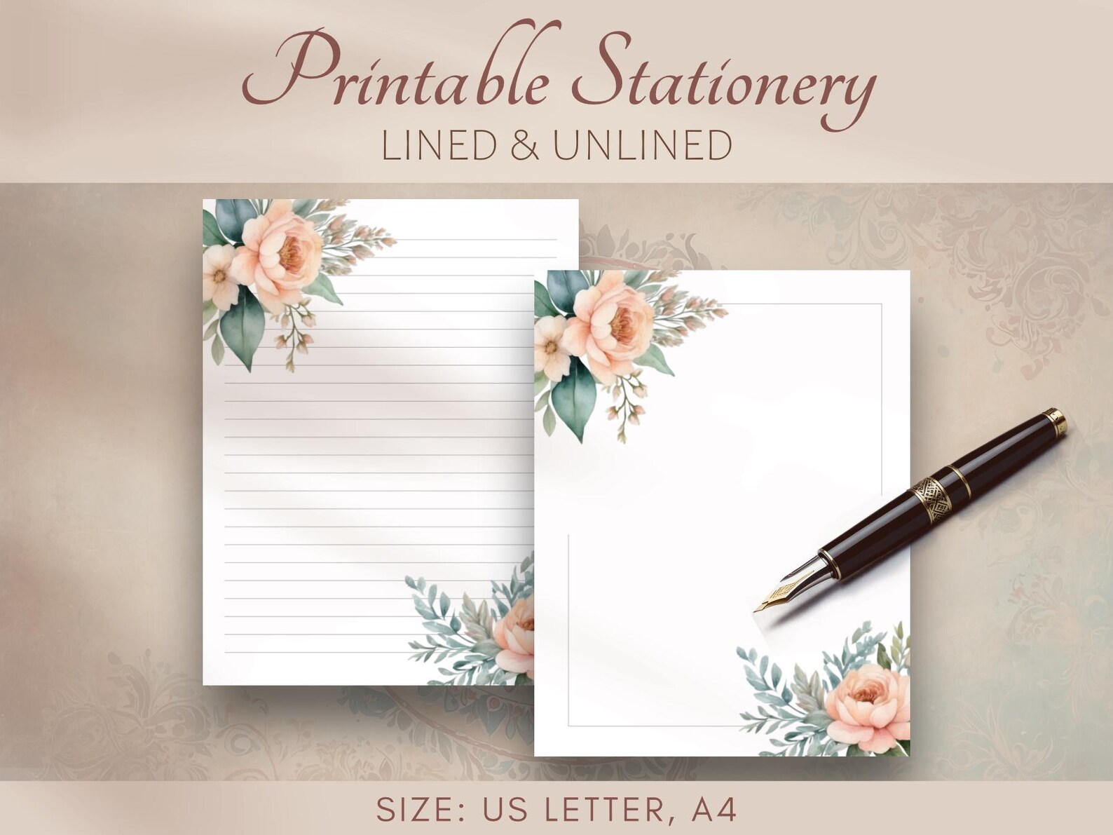 Printable Writing Paper, Pink Rose Stationery, Letter Writing Paper ...