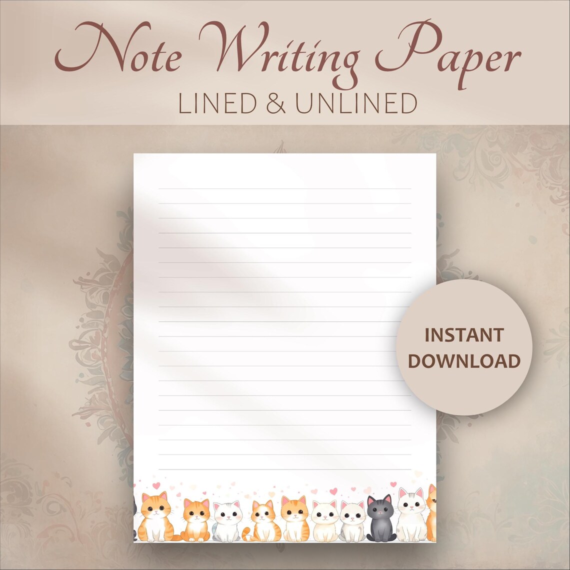 Printable Stationery, Kawaii Cats, Lined and Unlined Paper, PDF Digital ...