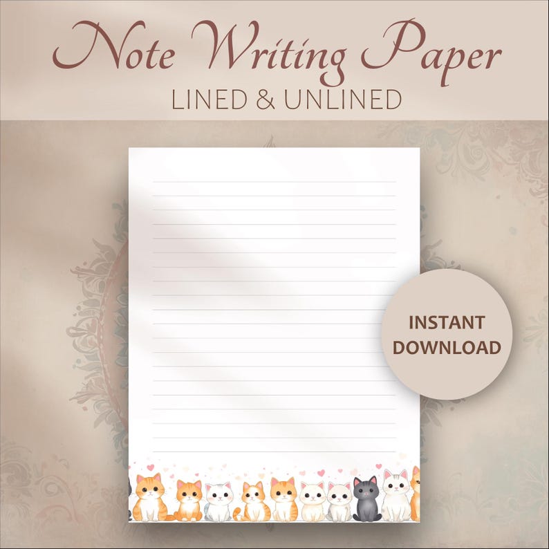 Printable Stationery, Kawaii Cats, Lined and Unlined Paper, PDF Digital ...