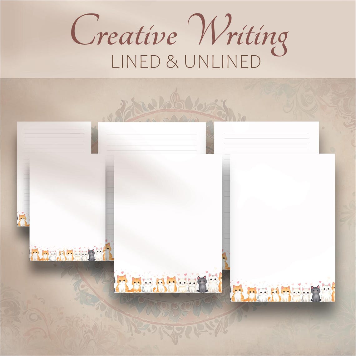 Printable Stationery, Kawaii Cats, Lined and Unlined Paper, PDF Digital ...
