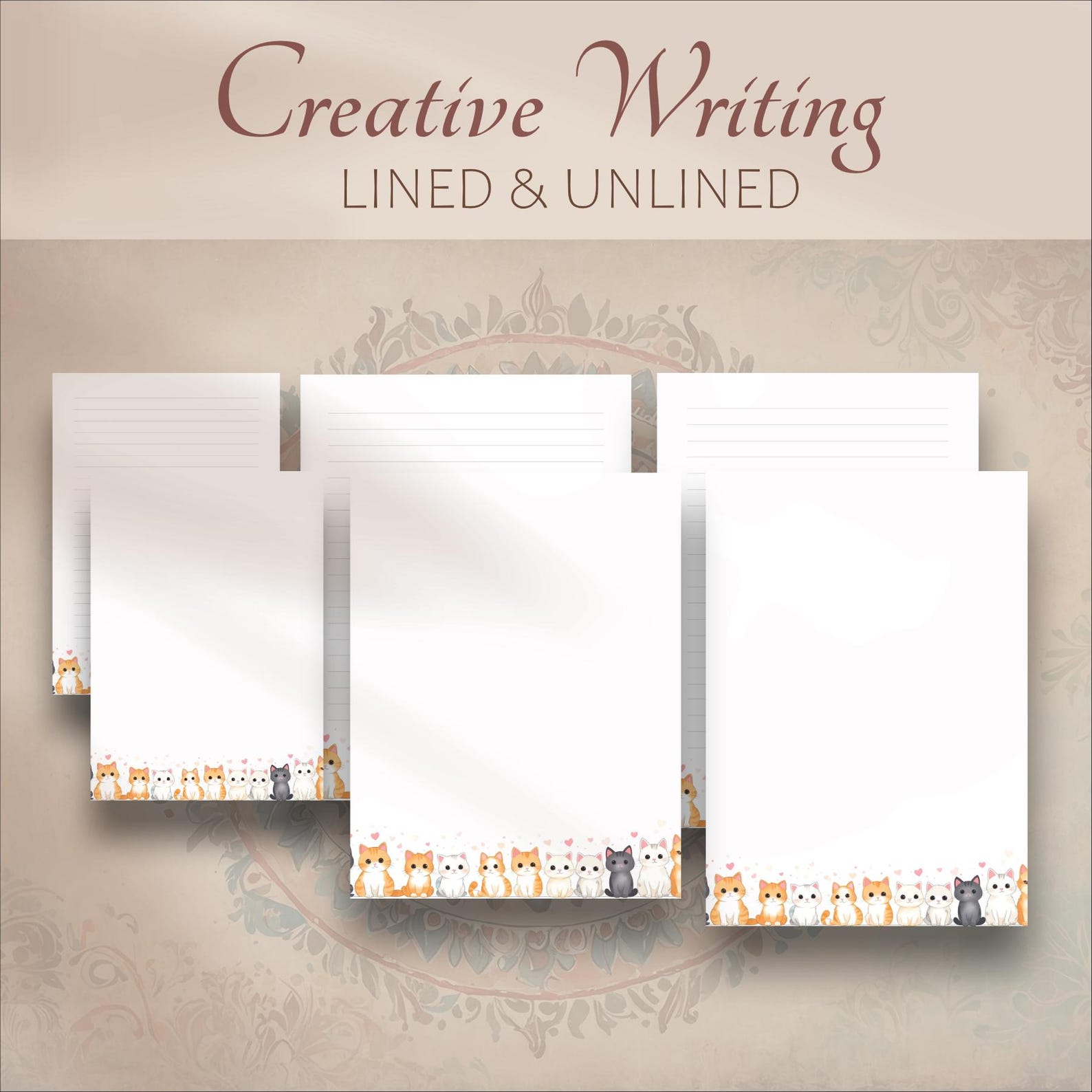 Printable Stationery, Kawaii Cats, Lined and Unlined Paper, PDF Digital ...