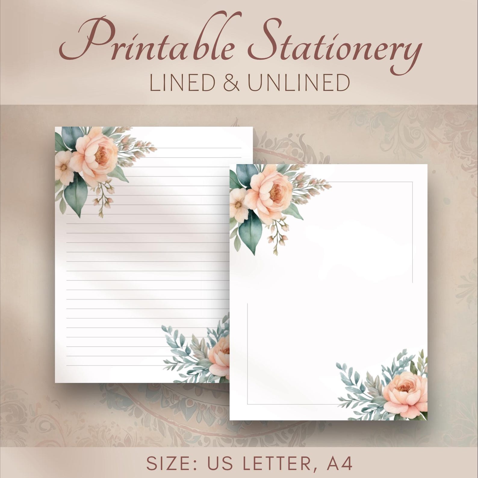 Printable Writing Paper, Pink Rose Stationery, Letter Writing Paper ...