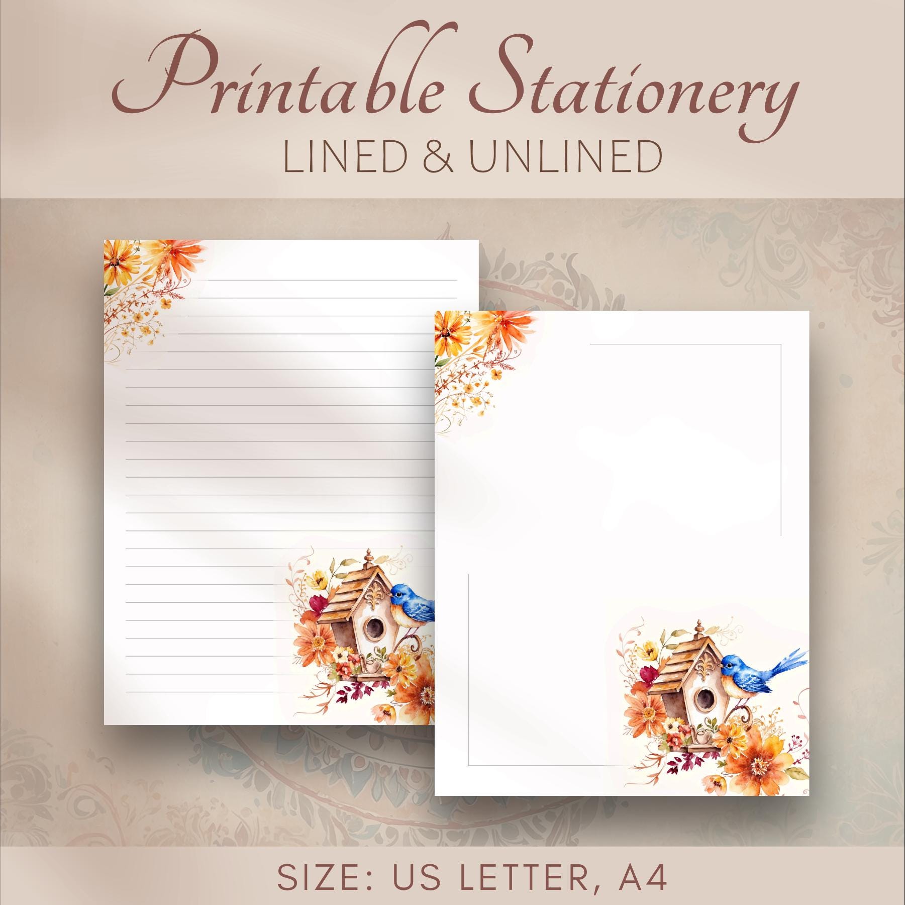 Printable Writing Paper, Watercolor Fall Birds Stationery, Letter ...