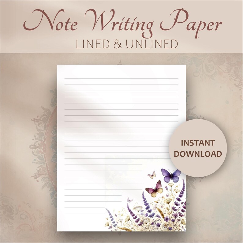 Printable Writing Paper, Autumn Flowers and Purple Butterflies ...