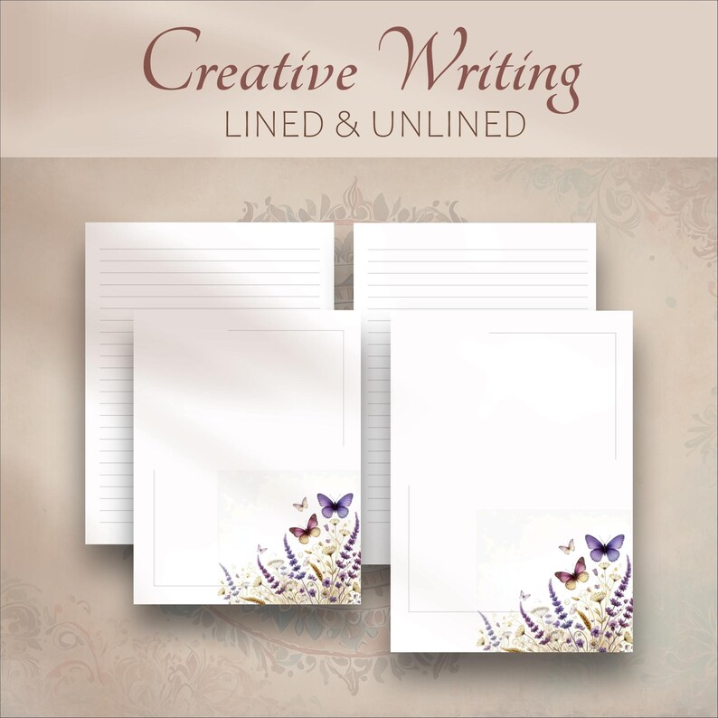 Printable Writing Paper, Autumn Flowers and Purple Butterflies ...