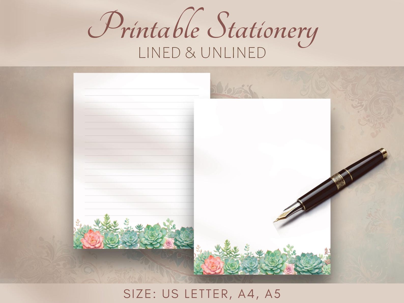 Succulents, Printable Stationary Lined Paper, Printable Writing Paper ...