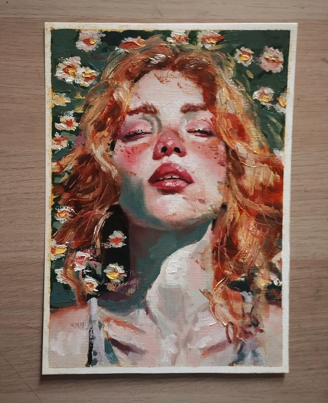 Oil Portrait Painting of a Girl With Her Eyes Closed. Floral. Daisies ...