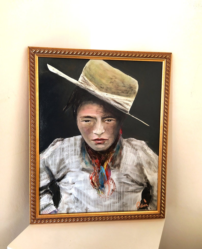 Oil Portrait Painting of a Boy With Hat. Framed. Original and Unique ...