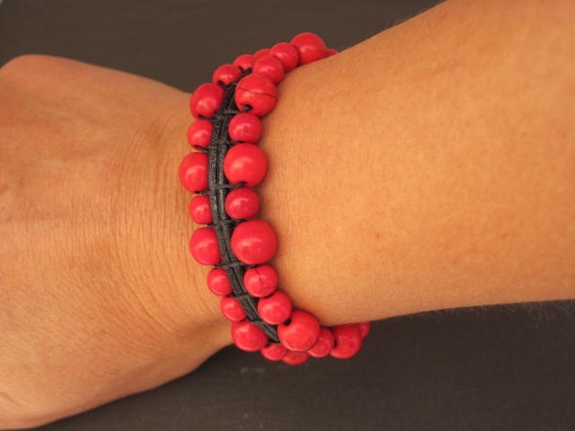 Red Howlite Woven Stones Bracelet Black Leather Single Wrap | Etsy