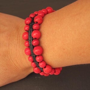 Red Howlite Woven Stones Bracelet, Black Leather Single Wrap Bracelet ...