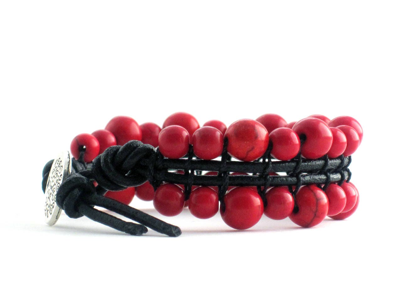 Red Howlite Woven Stones Bracelet Black Leather Single Wrap - Etsy