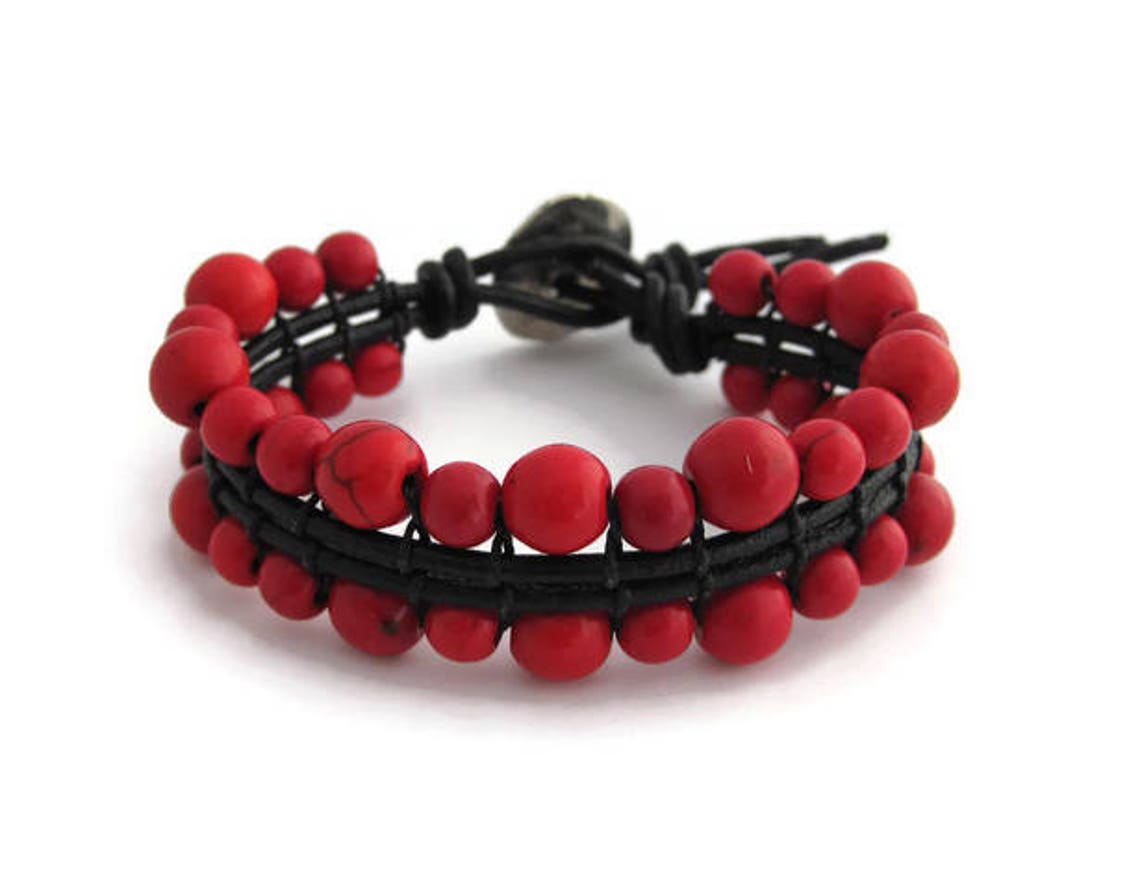 Red Howlite Woven Stones Bracelet Black Leather Single Wrap - Etsy