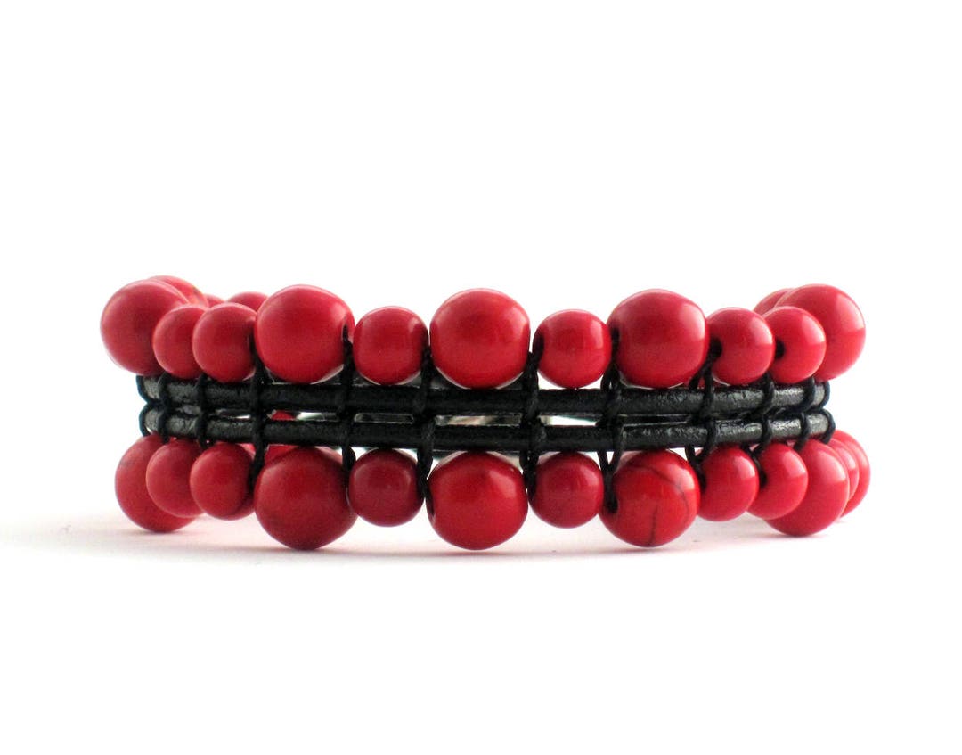 Red Howlite Woven Stones Bracelet, Black Leather Single Wrap Bracelet ...