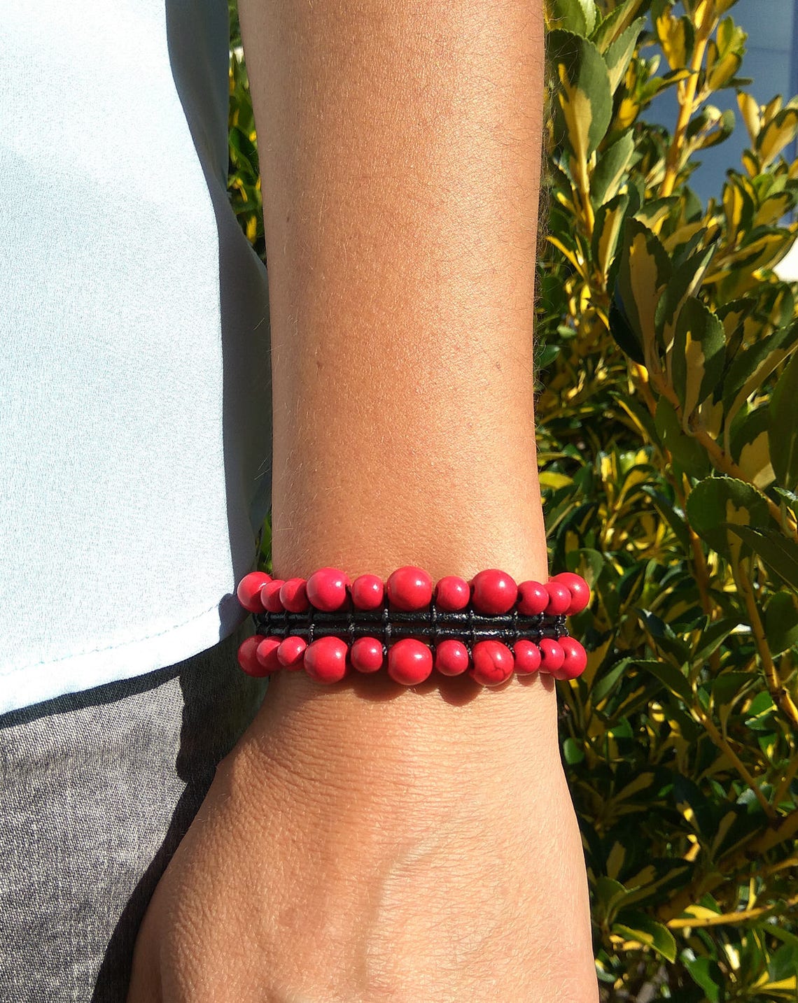 Red Howlite Woven Stones Bracelet Black Leather Single Wrap - Etsy
