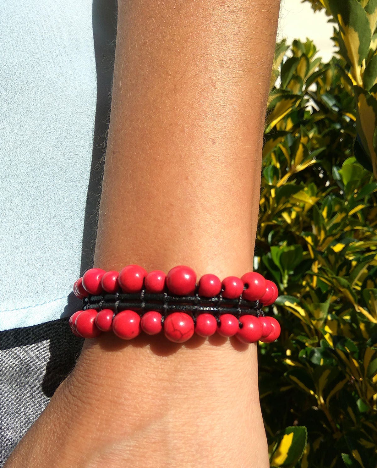 Red Howlite Woven Stones Bracelet Black Leather Single Wrap - Etsy