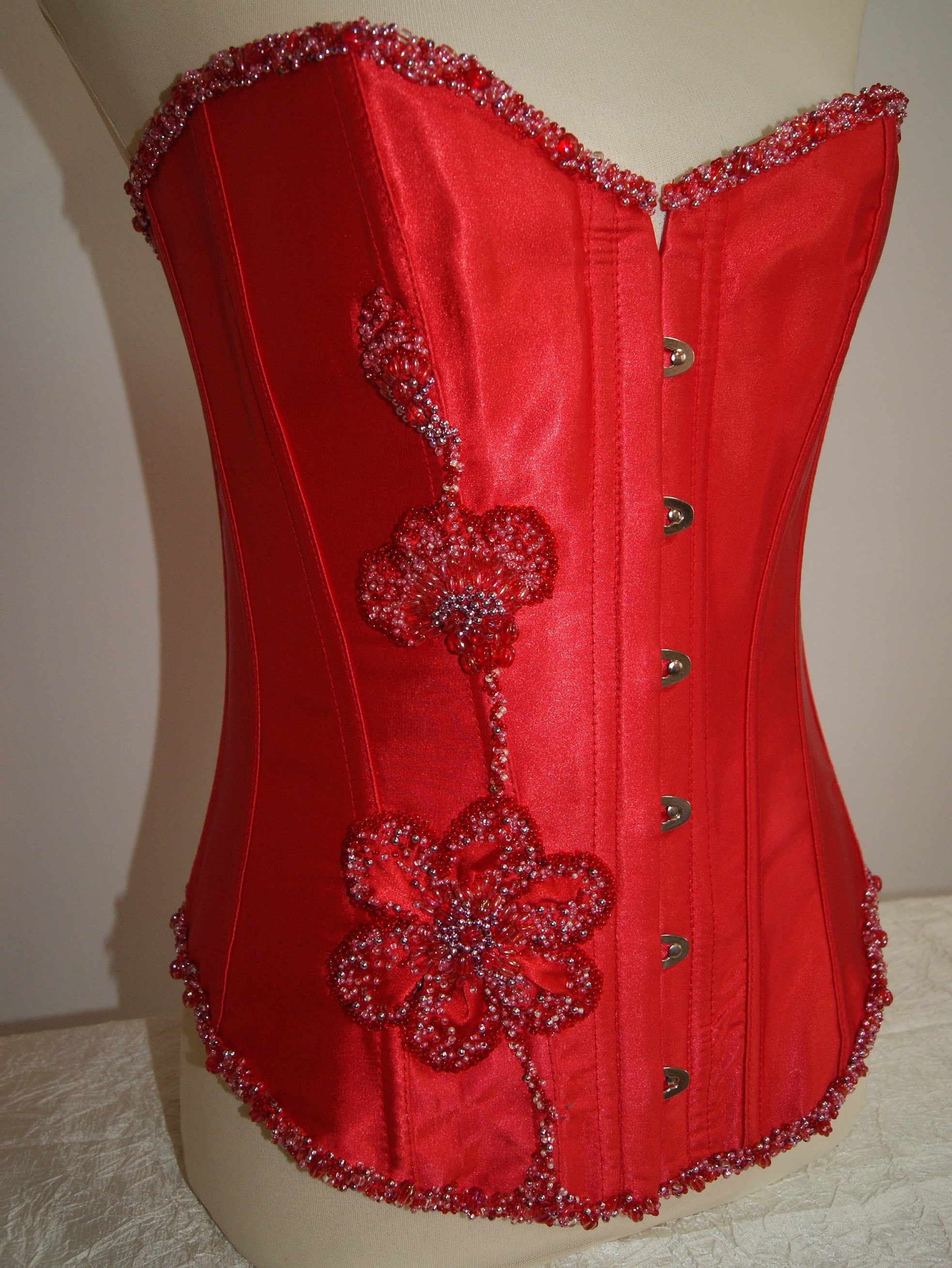 Red Corset Satin Overbust Corset Steampunk Corset Beaded Etsy Uk
