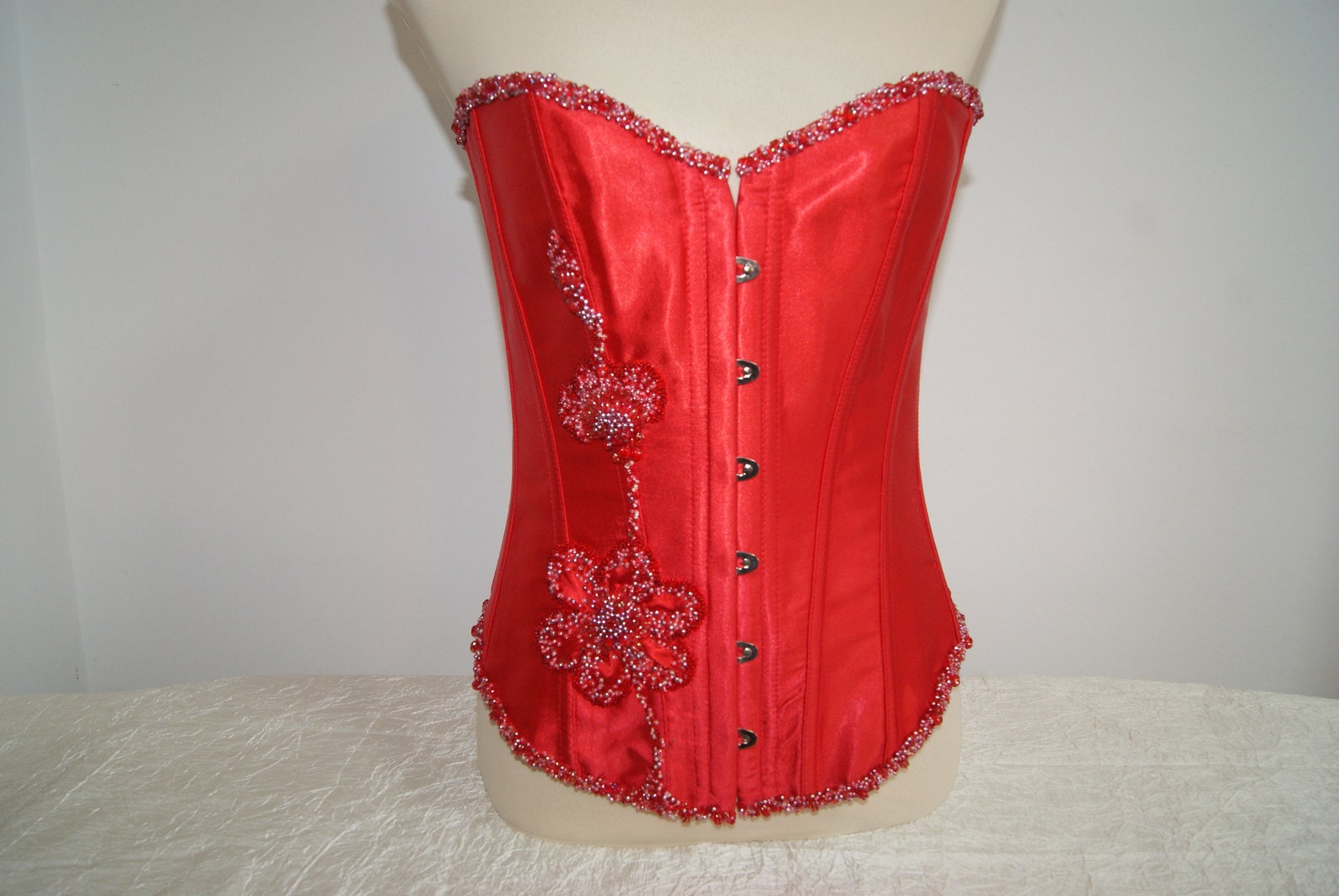 Red Corset Satin Overbust Corset Steampunk Corset Beaded Etsy Uk