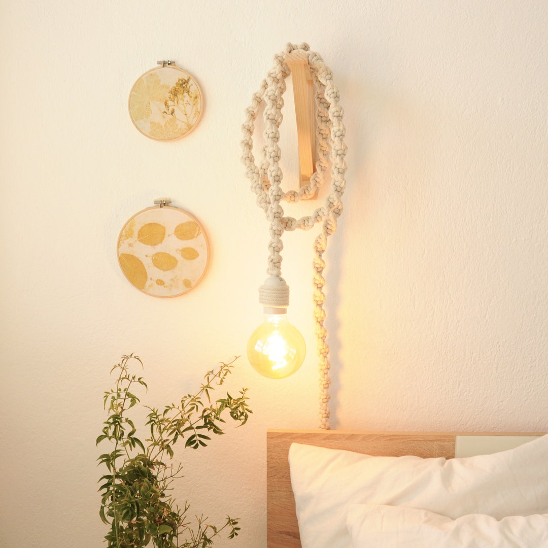Macrame Hanging Wall Light Lamp With Wooden Stand, Macrame Pendant ...